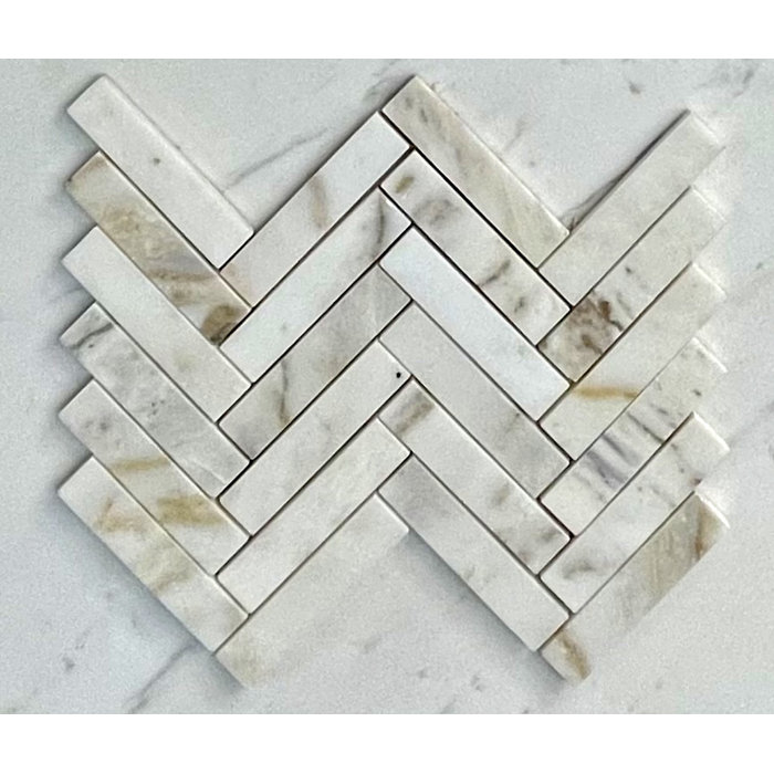 Tileville Calacatta Gold 1" x 4" Marble Natural Stone Herringbone Mosaic Sheet Wall & Floor Tile ...